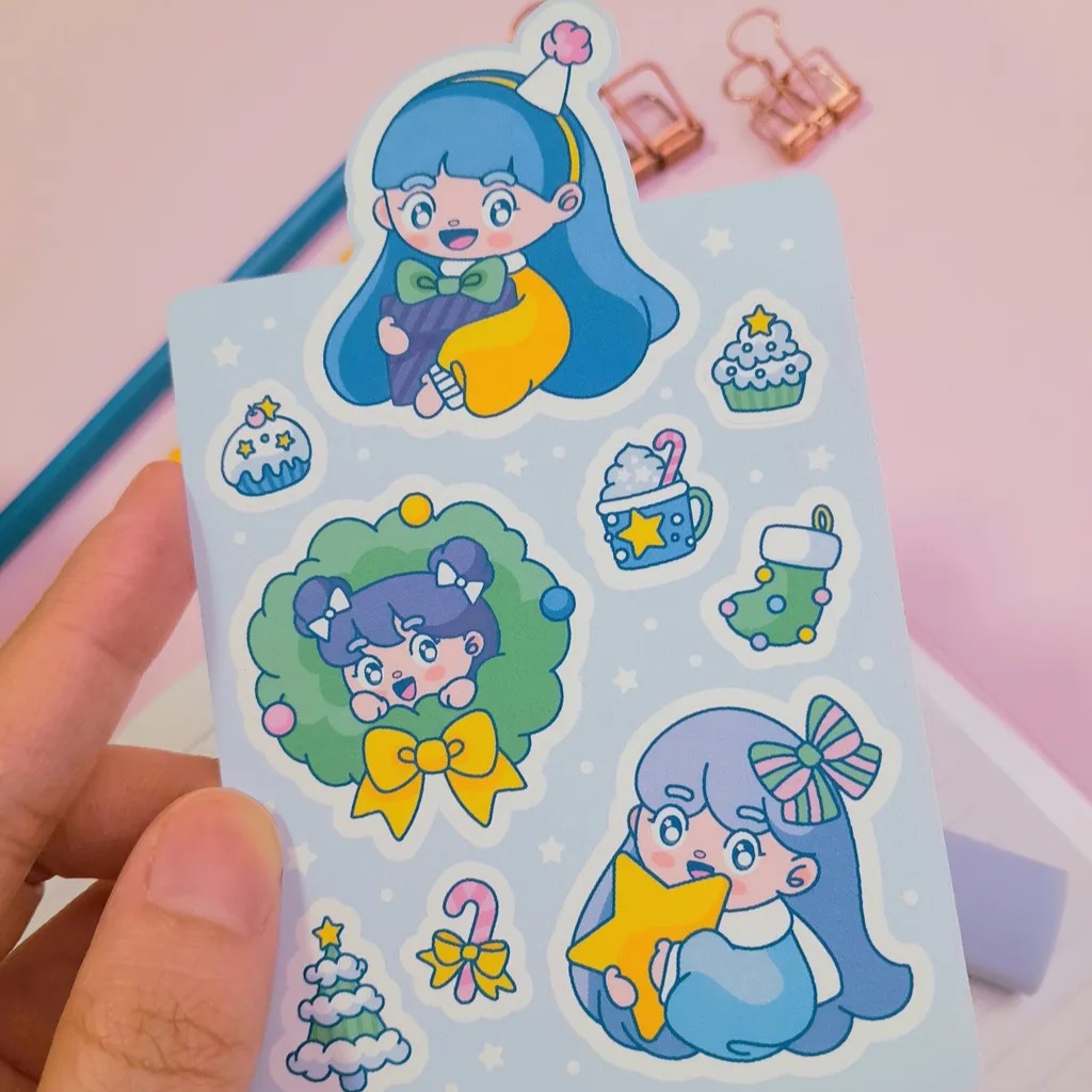 Matte Sticker Sheet | Chibi Christmas | Blue Haired Girl – chub.my