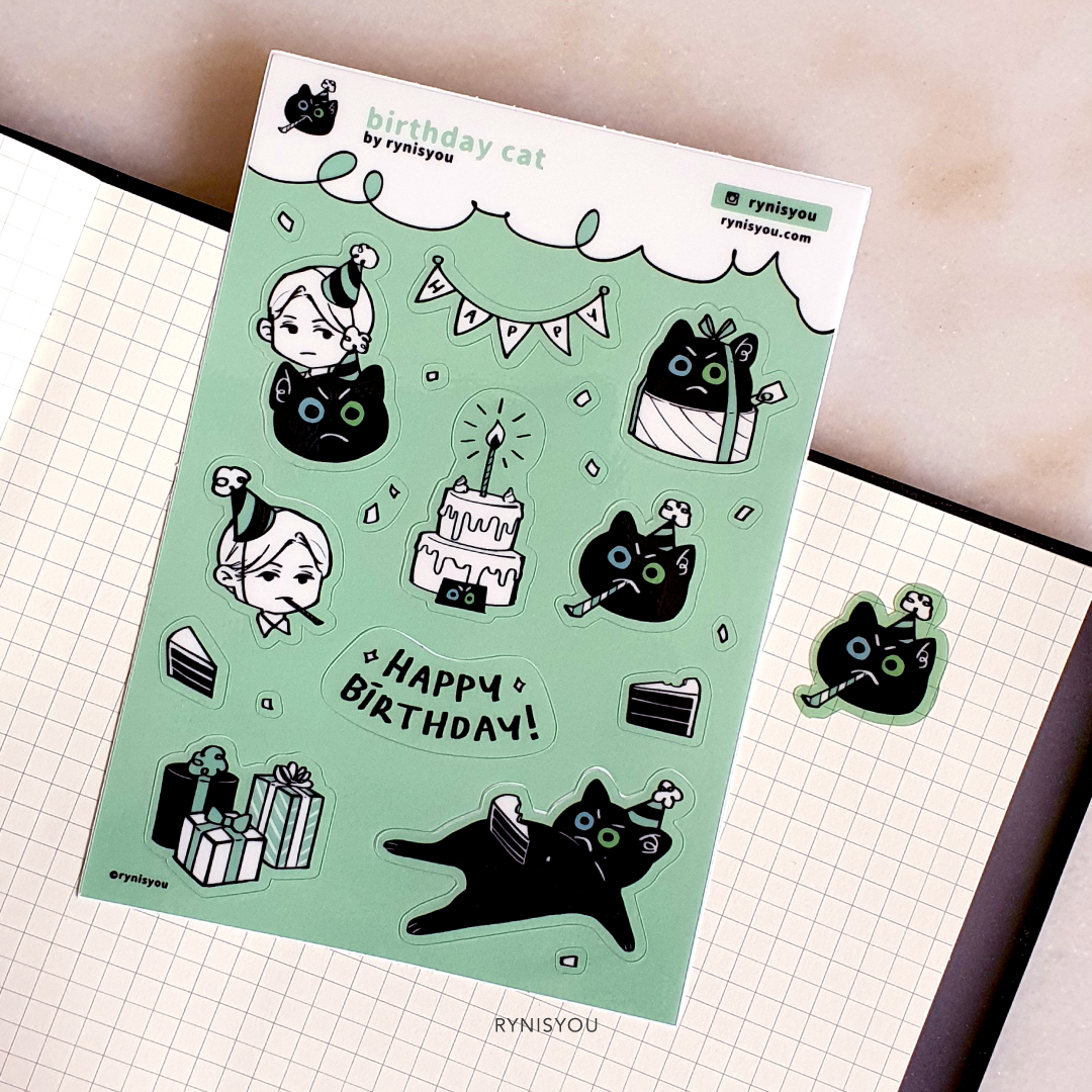 Birthday Cat Waterproof Transparent Sticker Sheet – chub.my